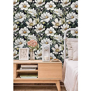 HAOKHOME Floral Wallpaper Peel and Stick Vintage Removable Wall Paper Black/Green/White Stick on Wall Mural Contact Paper 17.7in x 9.8ft