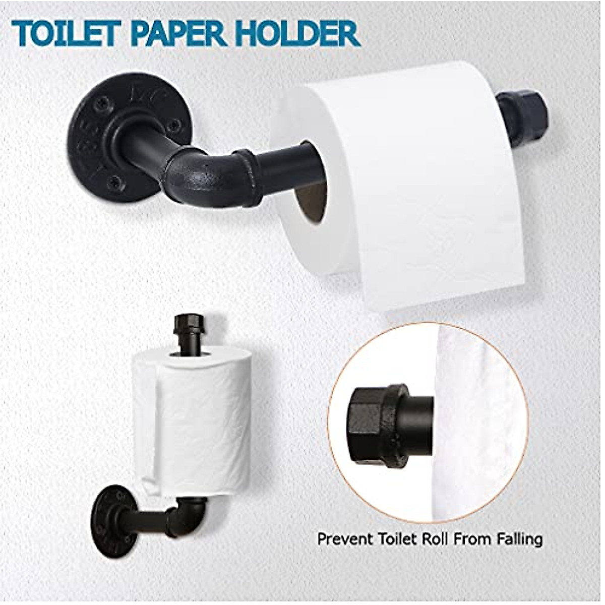 3 Pack Industrial Pipe Bathroom Hardware Accessories Set, Include 2 Robe Coat Towel Hook and 1 Toilet Paper Holder for Hanging. 1/2" inch Threaded Wall Mounted Rustic Decor Accessories Kit (Black)