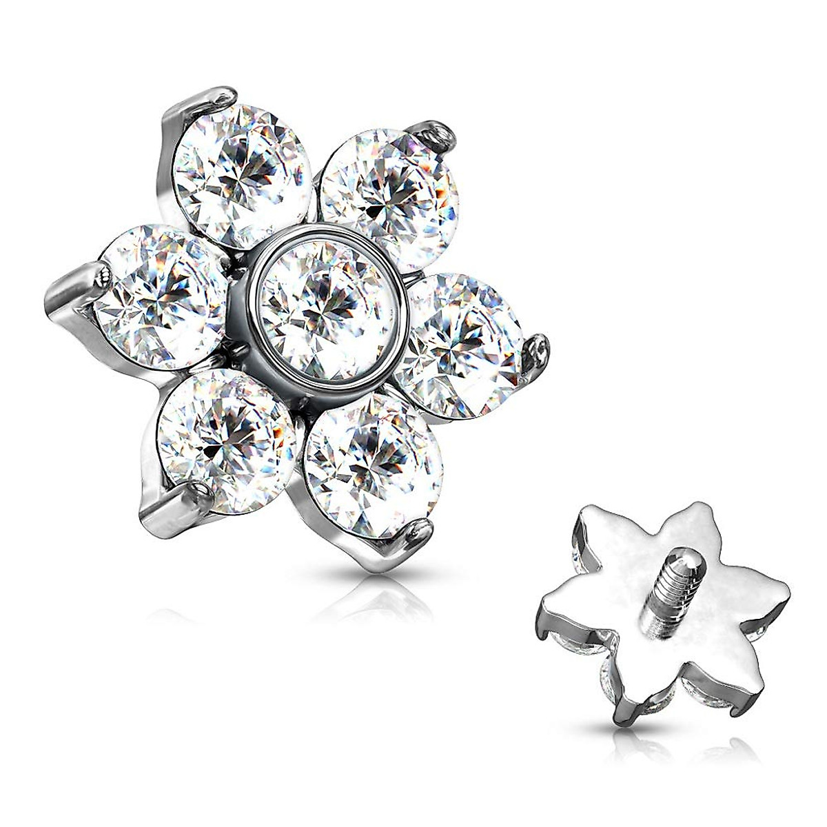 Pierced Owl Set of 4 Stainless Steel Prong Set Crystal Flower Internally Threaded Dermal Anchor Tops (16GA (1.2mm))