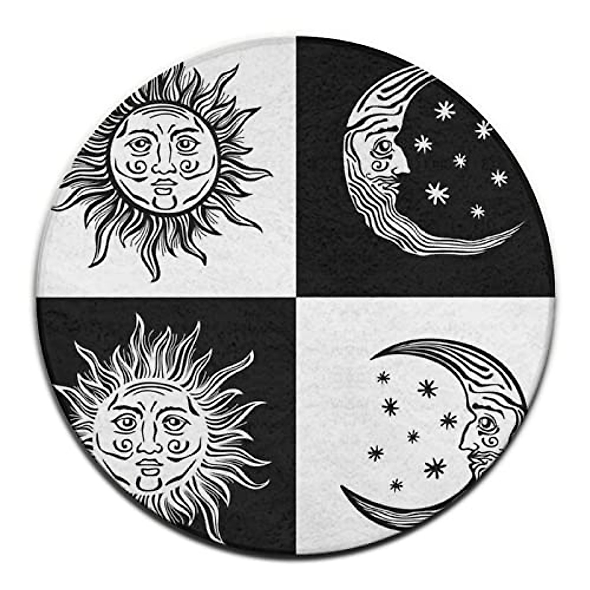 Comfortable Bedroom Living Room Decoration Sun and Moon Black and White Round Area Rugs Soft Flannel Mat Carpet, Fashion and Funny Play Mat with Non-Slip Bottom Protection, 24 Inches