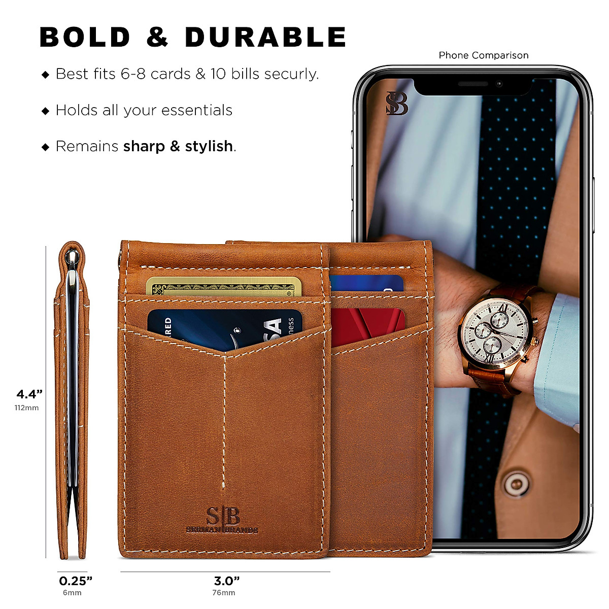 SERMAN BRANDS RFID Blocking Wallet Slim Bifold - Genuine Leather Minimalist Front Pocket Wallets for Men with Money Clip Gift (California Desert Rogue)