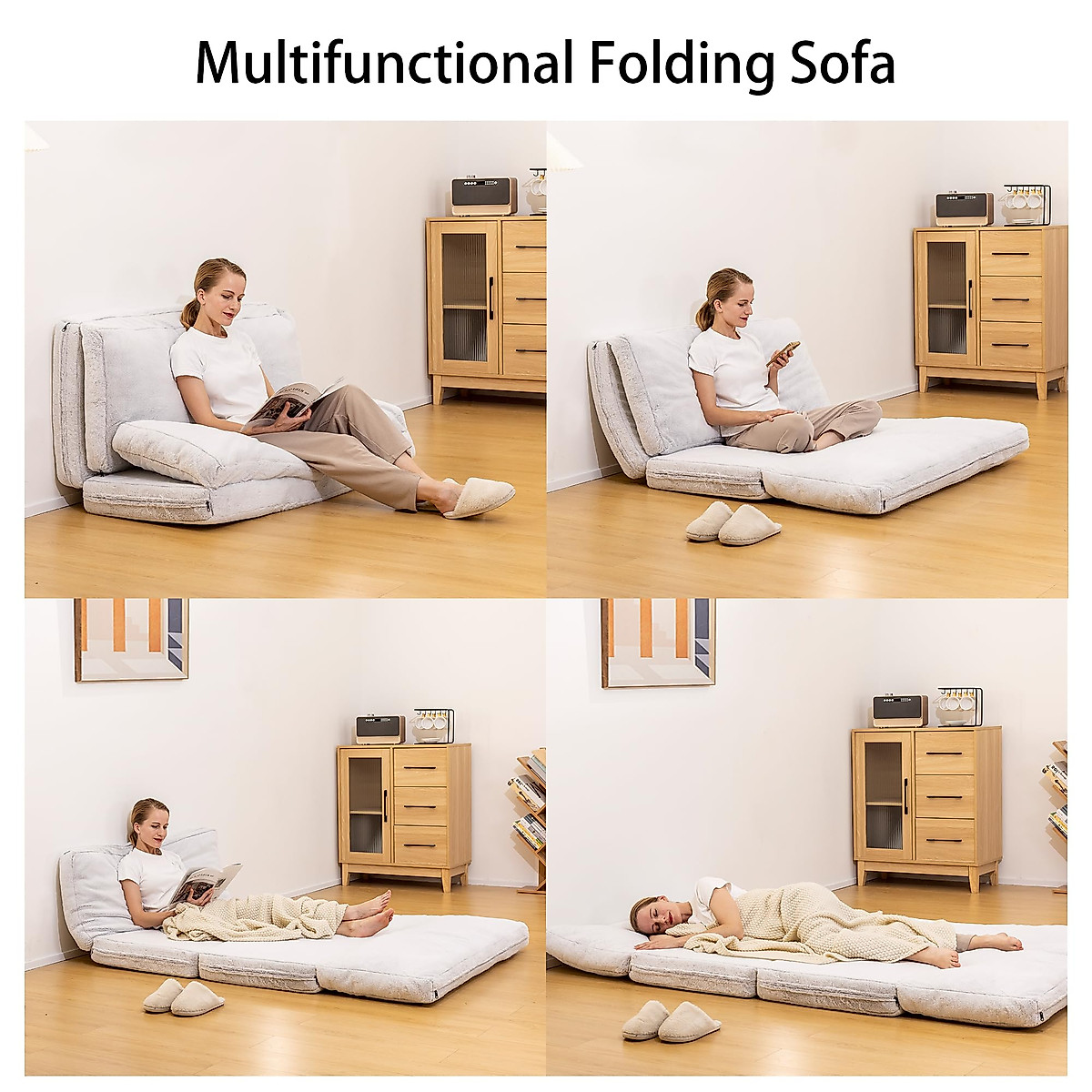 Zekeoney Folding Matress Sofa Bean Bag Sofa Bed, Foam Filling Wall Sofa Beanbag Couch Bed Soft Faux Fur Floor Sofa with Removable Cover for Living Room, Bedroom (White)