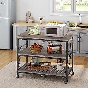 Yaheetech Kitchen Cart with Power Outlet, Rolling Kitchen Island on Wheels with Glass Holder & Hooks, Utility Trolley Cart Coffee Bar Microwave Stand Cart with Lockable Casters, Taupe Wood
