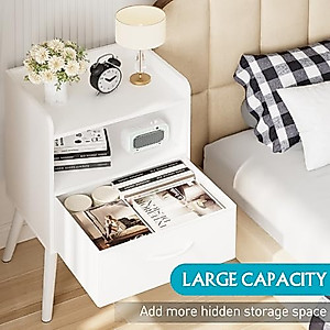 White Nightstand with Open Shelf,Small Night Stand Bedroom Bedside Table with Drawer Storage,Side Table End Table with Solid Wood Feet,Mid Century Night Stands for Office Home Sofa Couch(White)
