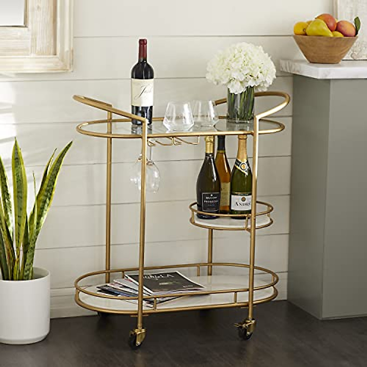 Deco 79 Metal Rolling 1 Glass and 2 Marble Shelves Bar Cart with Lockable Wheels and Mirrored Top, 31" x 16" x 33", Gold