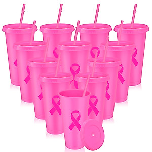 Yiyiring 12 Pcs Breast Cancer Awareness Plastic Tumblers with Lids and Straws Breast Cancer Awareness Cups Breast Cancer Water Bottle Bulk 24 oz Inspirational Ribbon Breast Cancer Cup Gift for Women