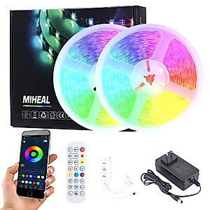 LED Lights for Bedroom Bluetooth 65.6ft,2 Rolls of 32.8ft,Miheal Smart LED Strip Lights Sync to Music Color Changing Lights 5050 RGB with APP Control,Remote for Room(White Band)