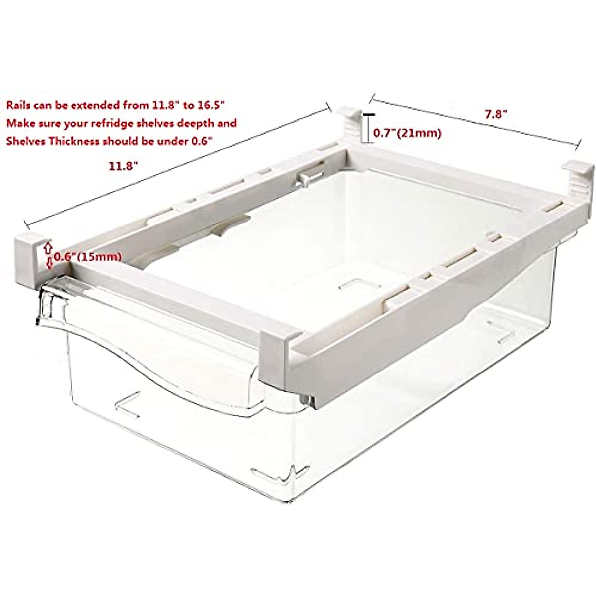 SmarTopus Refrigerator Pull Out Bin,Snap On Drawer Fridge Mate,Fridge Storage Box/Drawers/Rack, Refrigerator Bin Home Organizer for Fridge Shelf Thickness Under 0.6"