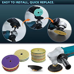 14 Pack 4 Inch Diamond Polishing Pads Kit with 2PCS 5/8’’-11 Backer Pad 12PCS Wet/Dry Polish Pad Set for Drill Grinder Polisher 50-8000 Grit Pads for Granite Marble Stone Concrete Countertop Quartz