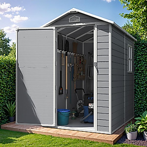 Greesum 6X4FT Resin Outdoor Storage Shed, All Weather Tool Room with Floor, Perfect for Storing Lawn Mowers, Garden Tools, Patio Furniture, Bicycles, Grey