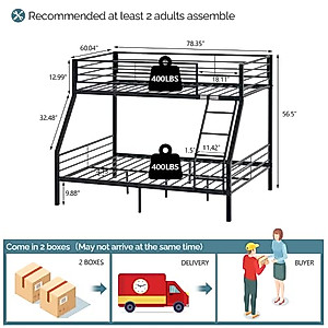 VINGLI Metal Bunk Bed Twin Over Full, Flat Steps, Black