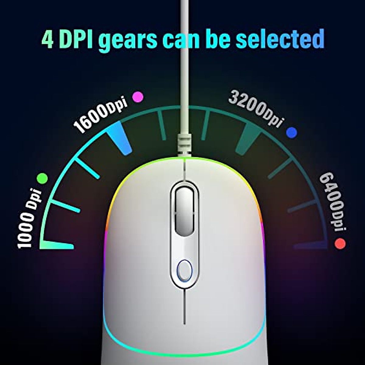 FENISIO Wired Mouse with Rainbow Backlit, LED Computer Mouse USB Wired Mouse with 6400 DPI, Ergonomic Office and Home Corded Mouse for Laptop, Desktop, MacBook, Windows PC (White)