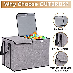 OUTBROS Box Chest Storage Organizer with Double Flip, 17.7 * 11.8 * 11.8 inch Collapsible Sturdy Boxes Organizer Bins with Big Handles, for Nursery, Playroom, Clothes, Blanket, Bedroom (2 Pack, Grey)