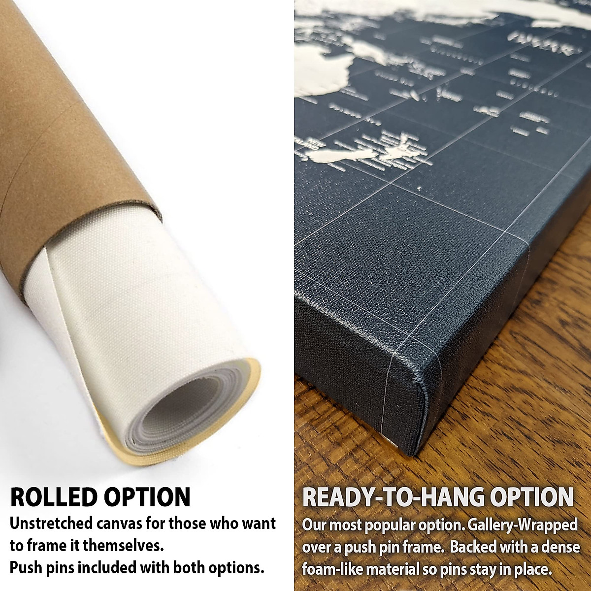 Holy Cow Canvas Personalized Navy Push Pin World Map on Canvas, Customize with Names, Travel Map with Pins Included to Track Your Travels, World Map Pin Board, Travel Themed Gift for People Who Travel