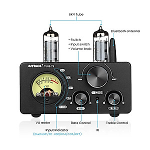 AIYIMA T9 100W*2 Bluetooth Stereo Amplifier Class D Amp 2.0/2.1 Channel Tube Power Amp with PC-USB DAC Coaxial Optical inputs &VU Meter & Bass Treble Tone Control for Home Stereo Speakers