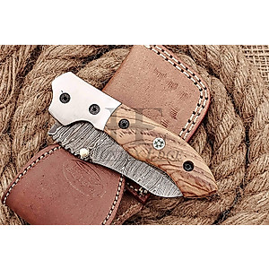 HUNTEX Custom Handmade Hand-Forged Twist Pattern Damascus Steel 3.7 Inch Long Natural Olive Wood Handle Razor Sharp Hunting Folding Pocket Wharncliffe Knife with Pocket Clip & Genuine Leather Pouch