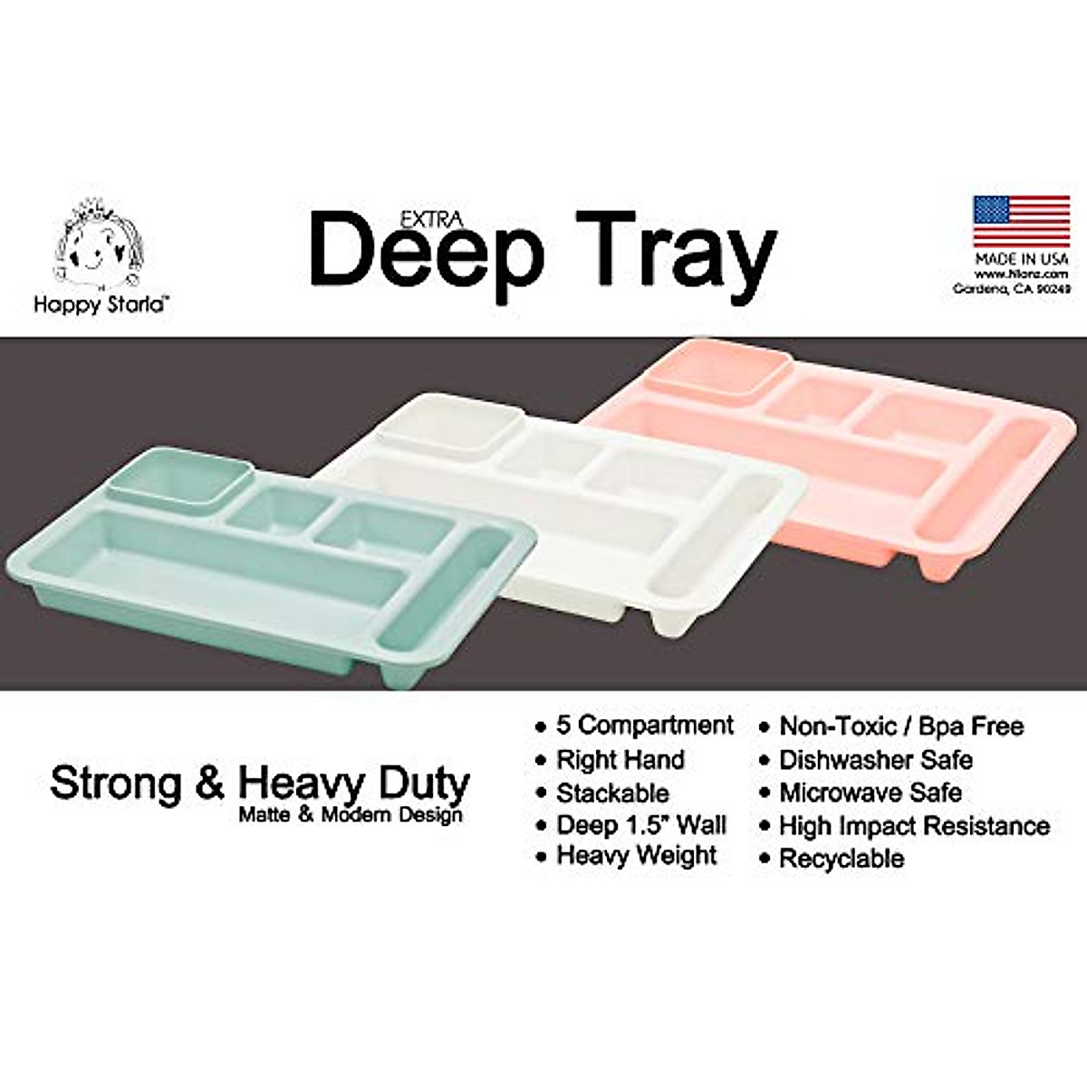 Happy Starla - Right-Hand Heavy Weight Extra Deep Tray 5-Compartment Cafeteria,Fast Food,Home,Events,Dinner Food Plate, 9.5" x 14" Made in USA (Mint)