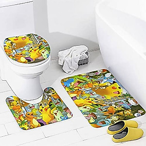 𝐏𝐨𝐤.𝐄𝐦𝐨𝐧 𝐆𝐎 Bathroom Sets,Kids Bathroom Decor Shower Curtain Set,Cartoon Shower Curtain with Anime Rugs& U-Shaped Floor Mat + Toilet Seat Cover Accessories 72"x72"