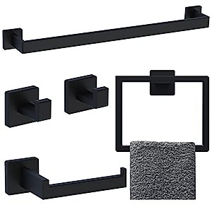 EWFEN Bathroom Hardware Accessories Set 5 Pieces Matte Black Towel Bar Set Wall Mounted, Stainless Steel, 23.6-Inch