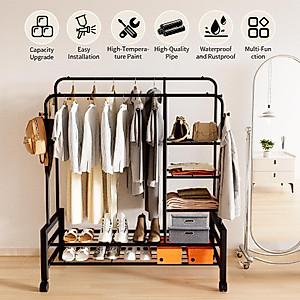 S&R PLKOP Double Rods Mobile Clothing Rack Heavy Duty Garment Rack for Hanging Clothes, 4 Side Hooks, Black, Clothes Racks for Hanging Clothes Multifunctional Bedroom Storage