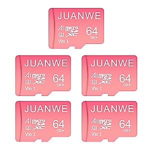 JUANWE 5 Pack 64GB Micro SD Card + Adapter 64 GB SD Card Memory Card MicroSDXC V30 4K Video Recording U3 A1 64GB TF Cards for Phone, Dash Cam, Security Camera (5 Pack, Pink)