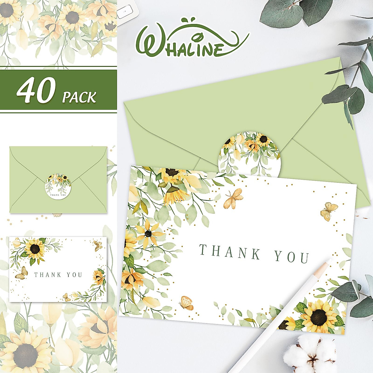 Whaline 40 Pack Sunflower Thank You Cards with Envelopes Stickers Watercolor Floral Greeting Cards Spring Summer Flower Blank Note Cards for Wedding Baby Shower Bridal Birthday Party, 4 x 6 Inch