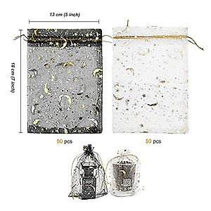 souG Organza Gifts Bags, 5x7 100Pcs Sheer Organza Drawstring Pouches Stars and Moon Wedding Party Favor Jewelry Candy Gift Bags (White and Black).
