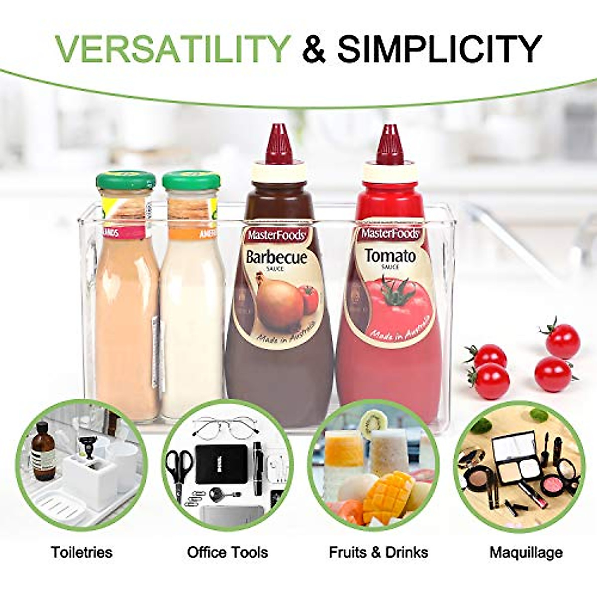 Plastic Refrigerator Organizer Bins - 4 Piece Clear Fridge Organizers with Handles, Fridge Organization Bin Set, Clear Plastic Freezer Storage Bins, Plastic Storage Bins for Cabinets, Pantry