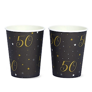 BLUE PANDA 144 Pieces 50th Birthday Party Supplies, Black and Gold Paper Plates, Napkins, Cups, Cutlery, Decorations (Serves 24) - 50th Party Decorations