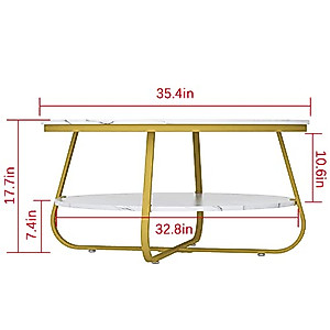 Elephance Modern Round Coffee Table with Storage, 35.4 Inch Faux Marble Coffee Table with Strong Metal Gold Frame for Living Room, Dining Room