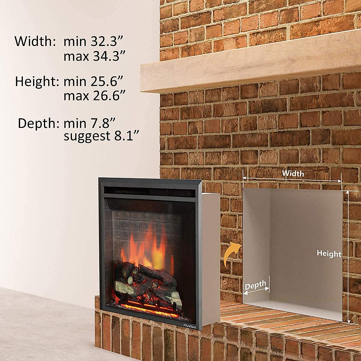 PuraFlame Western Electric Fireplace Insert with Fire Crackling Sound, Remote Control, 750/1500W, Black, 33 1/16 Inches Wide, 25 9/16 Inches High