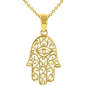 Jewelry America Solid 14K Yellow Gold Filigree Hamsa Hand of Fatima with Evil Eye Pendant Necklace, 20"
