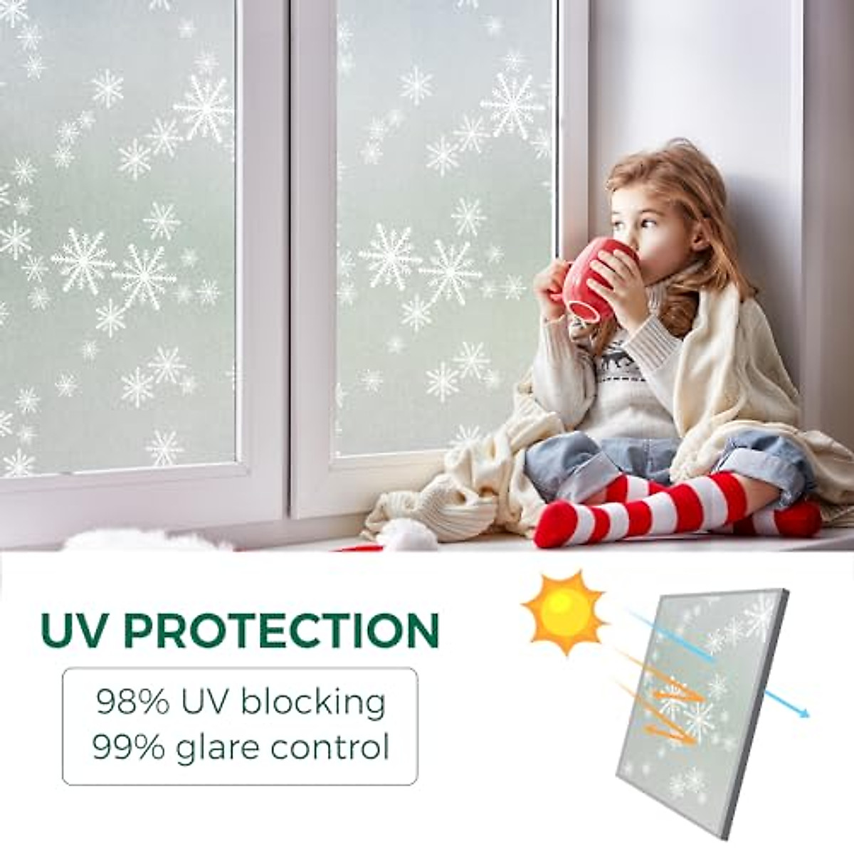 Beautyhero Christmas Snowflakes Decorations Window Privacy Film, Frosted Glass Window Film, Window Clings Static Cling for Home Bathroom Rental Decor 17.7 x 78.7 Inch