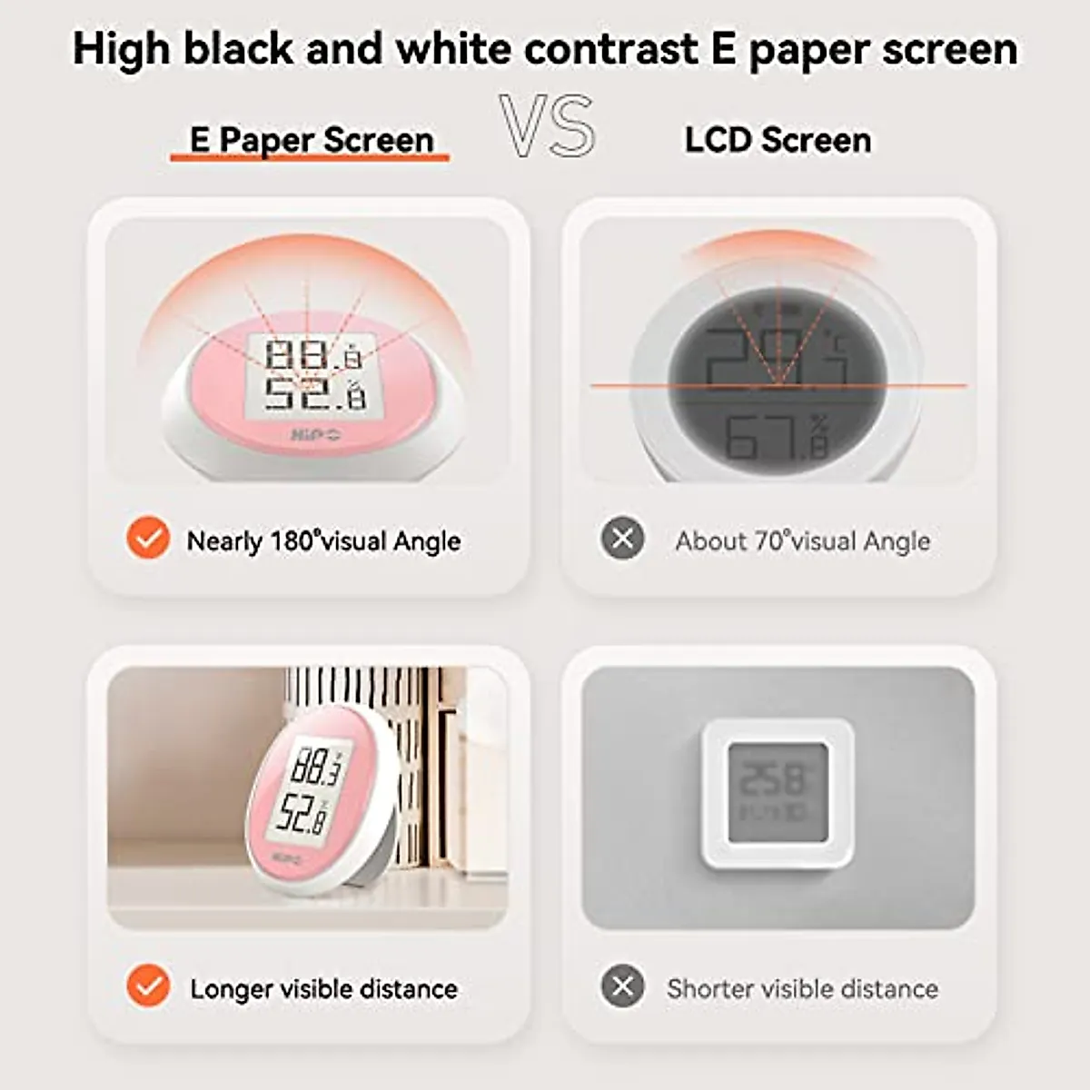 Hipoink Room Thermometer Hygrometer Indoor Humidity Meter and Temperature Monitor Gauge (HD E-Paper Screen) for Home, Baby Nursury Tiny Room House, Office Desk,No-Punch Magnetic Hanging(Pink)