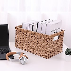 ROSOS Wicker Baskets 2 Pack, Rectangular Wicker Storage Basket with Handles, Waterproof Plastic Large Wicker Baskets for Storage, Nesting Hand-Woven Storage Baskets for Pantry Storage