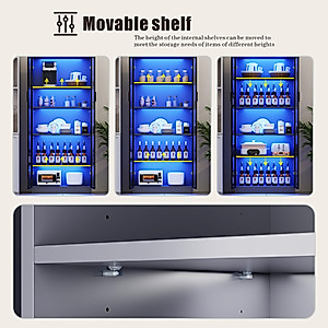 Storage Cabinet with Doors Adjustable Shelves - 65" Grey Tall Kitchen Pantry Organizer with Metal Handle/LED Lights/Human Sensor - 5 Tier Display Bookcase for Bedroom Living Room Office