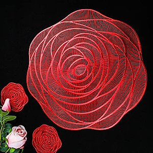 Snowkingdom Red Placemats and Coasters Set of 6 Pressed Metallic Vinyl 15 inch Rose Round Place Mats Dining Table Mats Dinning Table Centerpiece