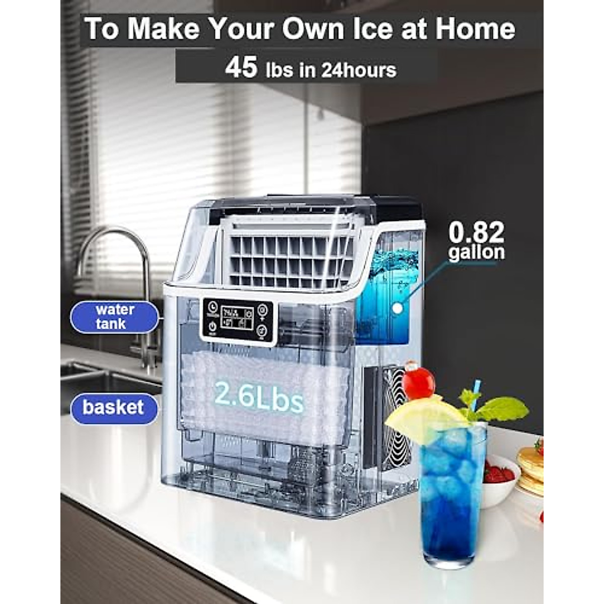 Kndko Ice Cube Maker Machine Countertop, 2 Ways to Add Water, 45Lbs/Day, 24 Pcs Ready in 13 Mins, 2.6 lbs Capacity, Ice Makers Countertop with 24H Timer for Home Bar RV,Stainless Steel Ice Maker