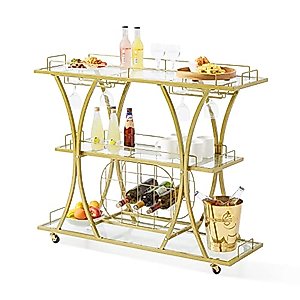 VEVOR Bar Cart Gold, 3 Tiers Home Bar Serving Cart on Lockable Wheels, Rolling Alcohol Cart with Tempered Glass Shelves Guardrail Wine Rack, Modern Wine Cart for Home Kitchen Dining and Living Room