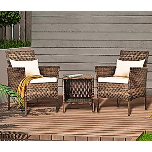 Patio Porch Furniture Sets 3 Pieces Rattan Wicker Chairs with Table and 2 Pillow Outdoor Garden Furniture Sets Conversation Chair Set