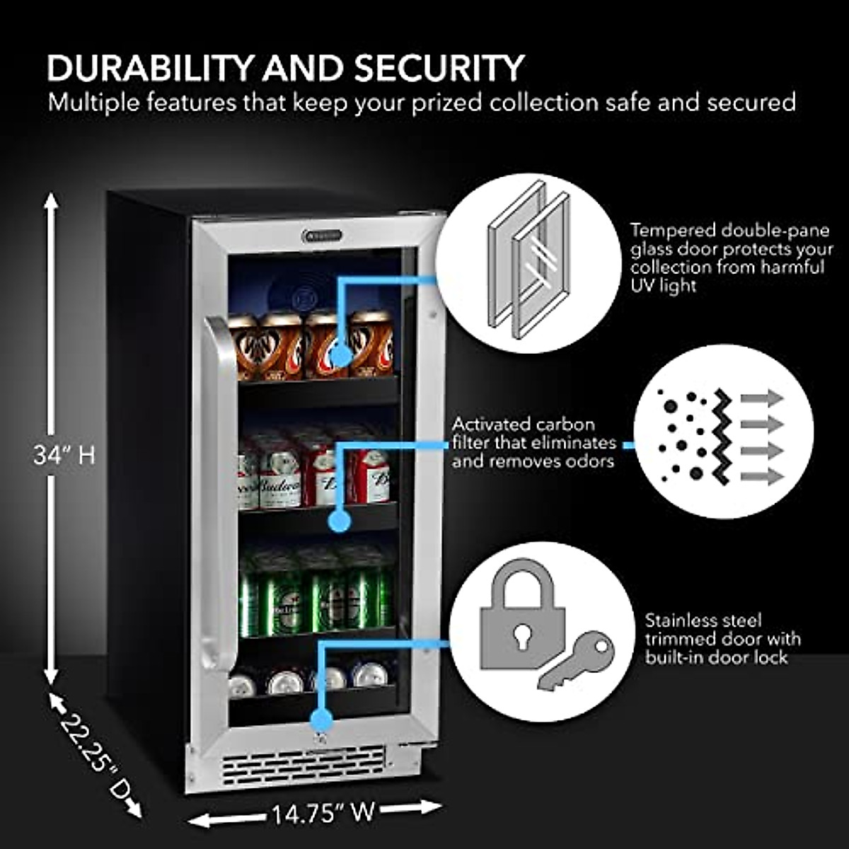 Whynter BBR-838SB Built-in Under Counter 15 inch Beverage Refrigerator and Cooler Fridge with Glass, Lock, Reversible Door, Digital Control and Carbon Filter, 3.0 cu. ft, Stainless Steel, 80 Capacity