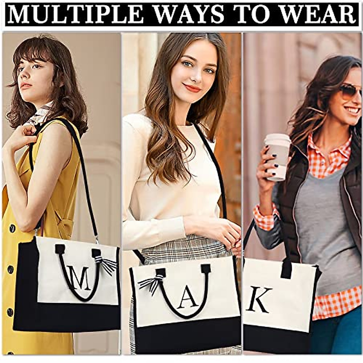 YOOLIFE Personalized Gifts for Best Friend Female - Initial Canvas Beach Tote Bag with Zipper Makeup Bag Bridal Shower Bride Bridesmaids Wedding Gifts Mothers Day Graduation Gifts for Her C