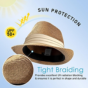 Lvaiz Womens Straw Hat Short Brim Panama Fedora Beach Sun Trilby Hat for Vacation Gentlemen Roll Up Summer Hat A01-khaki L