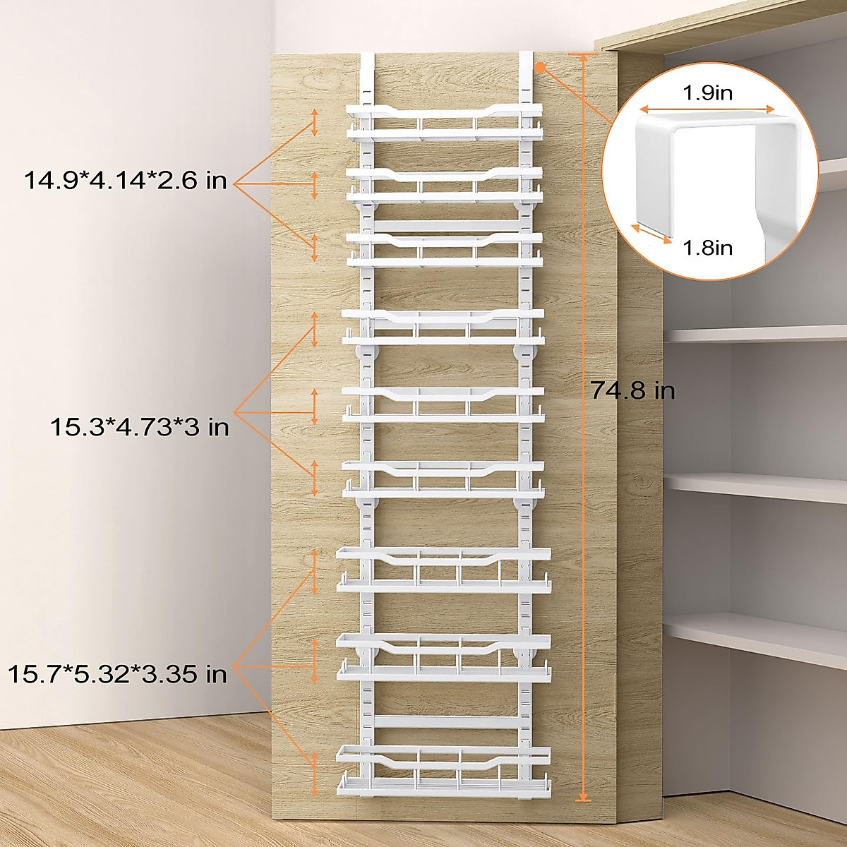 MSERCUOR Over The Door Pantry Organizer Rack, 9-Tier Metal Pantry Organization And Storage with Adjustable Baskets, Hanging Spice Rack for Home & Kitchen Laundry Room Bathroom (9 Tier White)
