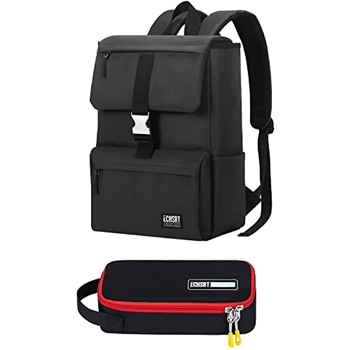 ECHSRT 16 inch Laptop Backpack Water Resistant Casual Daypack Bag & Large Pencil Case Pen Pouch Stationery Bag with Handle 2pack Black