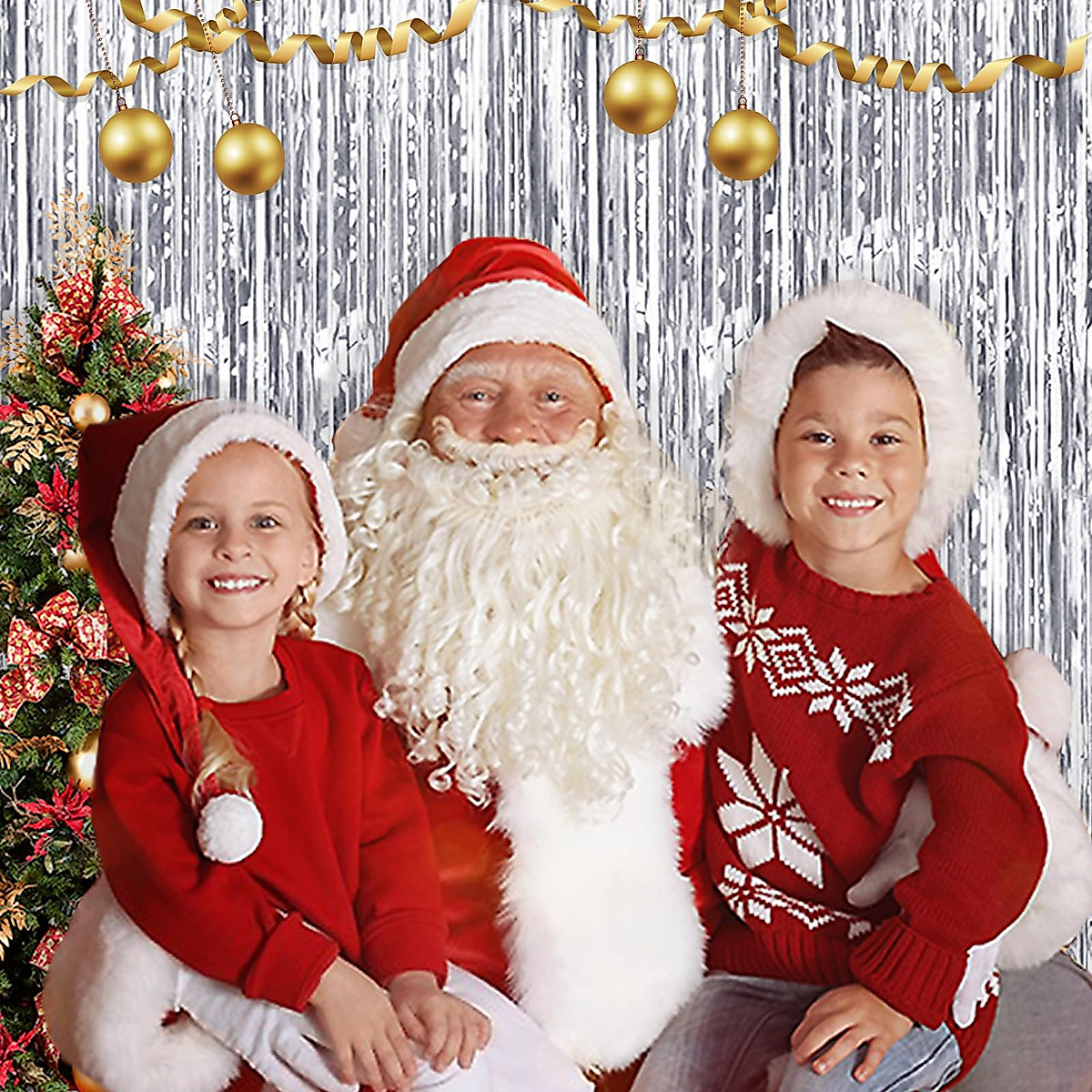 Silver Foil Fringe Backdrop Curtains, 2 Pack of 3.28 ft x 8.28 ft Metallic Tinsel Foil Fringe Streamer Photo Booth Props Backdrop for New Year Christmas Birthday Wedding Party Decorations