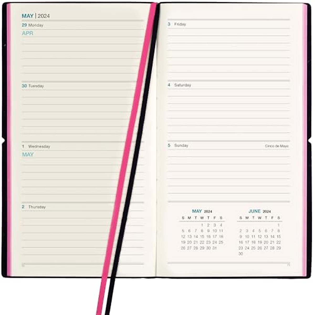 2024 Planner/Pocket Calendar 4"x7": 14 Months (Nov 2023 - Dec 2024) Weekly, Monthly Calendars, Leather Material, Elastic Closure, Decorative Stitching, Page Finder Ribbons and Notes Pages (Pink/Black)