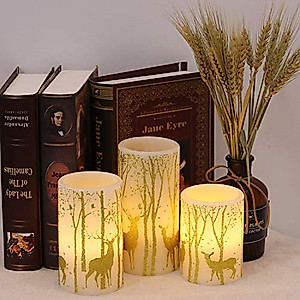 GenSwin Flickering Flameless Candles Battery Operated with 6 Hours Timer, Real Wax Led Pillar Candles Deer Decal Warm Light, Pack of 3 Christmas Home Decor