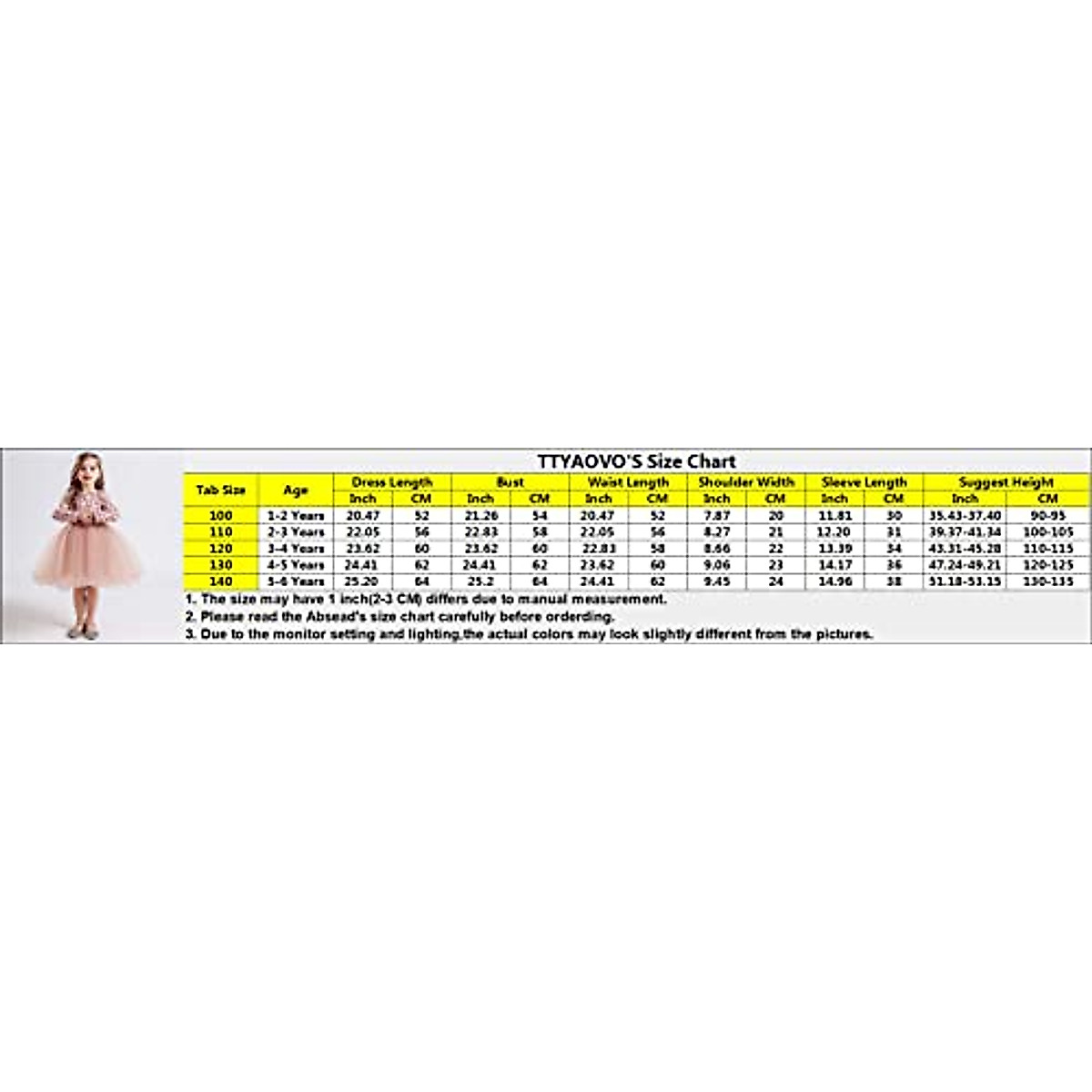 TTYAOVO Girls Longsleeve Lace 3D Flowers Tulle Layered Princess Party Dresses Size(140) 5-6 Years Dusty Pink