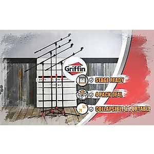 Tripod Microphone Boom Stand with Mic Clip Adapter (Pack of 4) by GRIFFIN | Adjustable Holder Mount For Studio Recording Accessories, Singing Vocal Karaoke, Live Stage | Folding Legs & Telescoping Arm